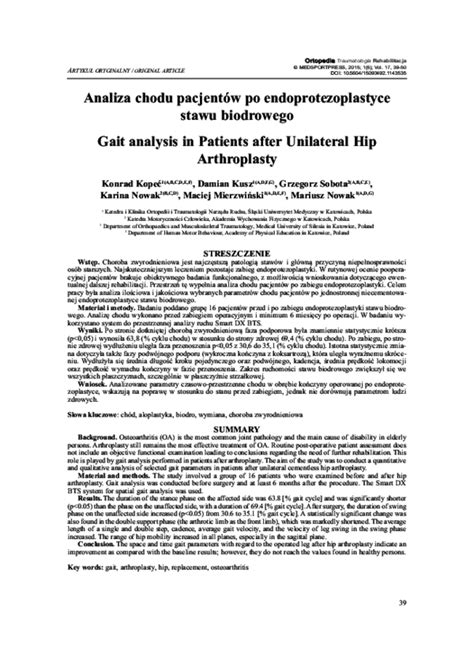 Pdf Gait Analysis In Patients After Unilateral Hip Arthroplasty
