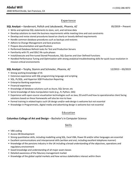 Sql Analyst Resume Samples Velvet Jobs