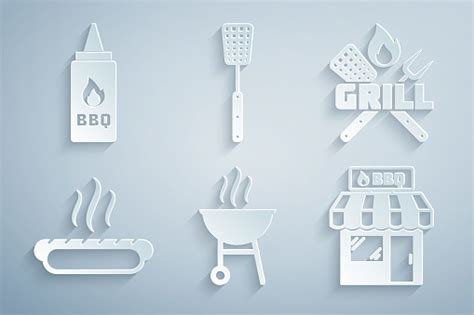 바베큐 그릴 십자형 포크와 주걱 핫도그 샌드위치 쇼핑 건물 케첩 병 아이콘을 설정합니다 벡터 3차원 형태에 대한 스톡 벡터 아트 및 기타 이미지 Istock