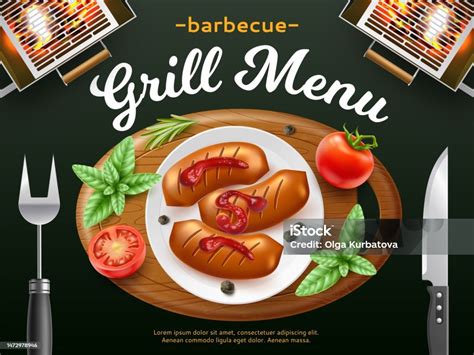 바비큐 그릴 메뉴 커버 빛나는 석탄 탑 뷰 플레이트 주방 가전 나무 보드에 허브와 토마토를 곁들인 튀긴 소시지 바베큐 포스터 3d 격리 요소 완전한 벡터 개념 바베큐그릴에