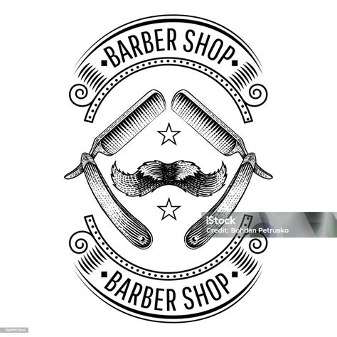 두 개의 면도기 중간에 콧수염을 조각 이발소 또는 티셔츠 디자인을위한 빈티지 스타일 0명에 대한 스톡 벡터 아트 및 기타 이미지 0명 T 셔츠 개인 장식품 Istock