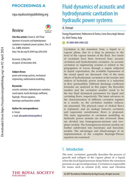 Ferrari 2017 Fluid Dynamics Of Acoustic And Hydrodynamic Cavitation In Hydraulic Power Systems
