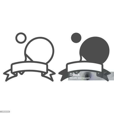 라켓 공 및 리본 테이프 라인 및 솔리드 아이콘 스포츠 테니스 게임 개념 벡터 그래픽 테니스 실크 배너 수상 기호 흰색 배경