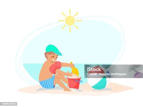 수영 반바지 풍선 완장 모자를 쓴 아기는 해변의 모래에서 양동이와 주걱을 가지고 놀고 있습니다 건축하기에 대한 스톡 벡터 아트 및 기타 이미지 Istock