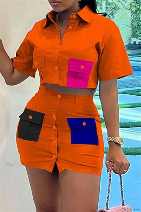 Orcajump Premium Orange Solid Patchwork Two Piece Shirt With Buttoned