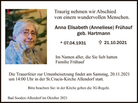 Traueranzeigen Von Anna Elisabeth Frühauf Trauer Hna De