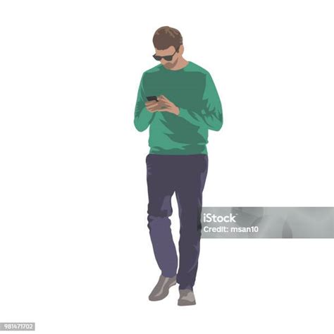 남자 손 및 문자 메시지에 휴대 전화와 함께 산책 격리 된 벡터 일러스트 레이 션 개념에 대한 스톡 벡터 아트 및 기타 이미지 개념 걷기 검은색 Istock