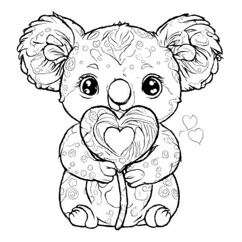 Download Cute Koala Holding Heart Shaped Lollipop Coloring Pages Online