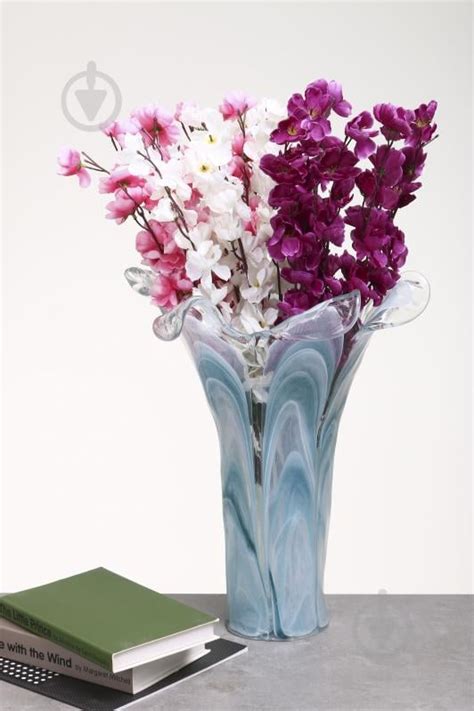 ᐉ Ваза скляна Antonio Tammaro Fiore 38 см білий із бірюзовим • Краща ціна в Києві Україні