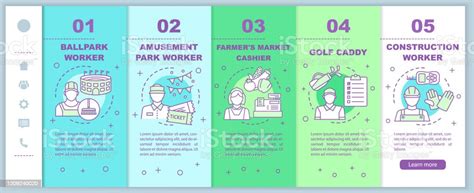 모바일 웹 페이지 벡터 템플릿을 온보딩 여름 파트 타임 작업 선형 일러스트와 응답 스마트 폰 웹 사이트 인터페이스 아이디어 웹 페이지 연습 단계 화면입니다 색상 컨셉 5에