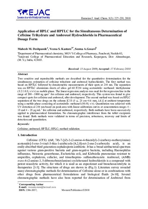 Pdf Application Of Hplc And Hptlc For The Simultaneous Determination Of Cefixime Trihydrate