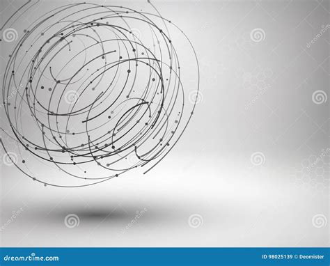 Wireframe Mesh Element Abstract Swirl Form With Connected Lines And Dots Stock Vector