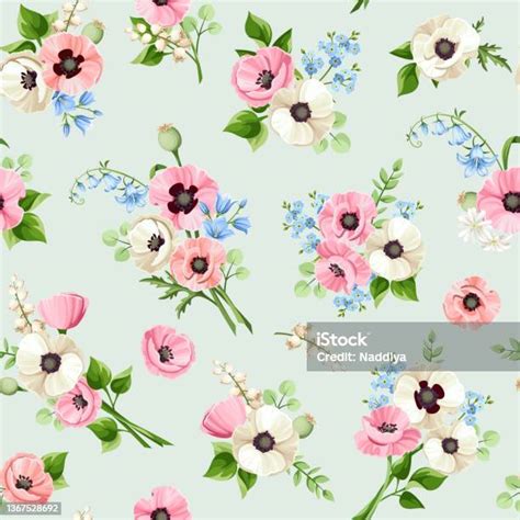 녹색에 분홍색 파란색 흰색 꽃과 원활한 꽃 패턴 벡터 일러스트레이션 0명에 대한 스톡 벡터 아트 및 기타 이미지 0명 계절 고풍스런 Istock