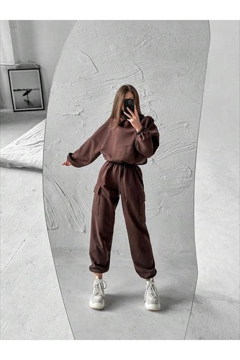 Rascha Kadın Kahverengi Kangru Cepli Oversize Crop Takım Fiyatı Yorumları Trendyol