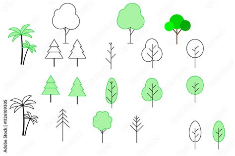 Tree Icon Set Silhouette Tree Line Drawing Set Side View Set Of