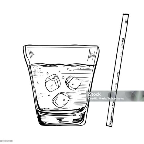 차가운 음료와 얼음 유리와 마시는 빨대 벡터 고립 된 그림 검은 잉크로 그렸습니다 레모네이드 모히토 칵테일 데킬라 음료 또는 위스키 그래픽 스케치 바 메뉴용 음료 각얼음에