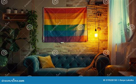 Love Nest Inside The Serene Domicile Of Same Sex Partners Where A Sofa And Rainbow LGBT Flag
