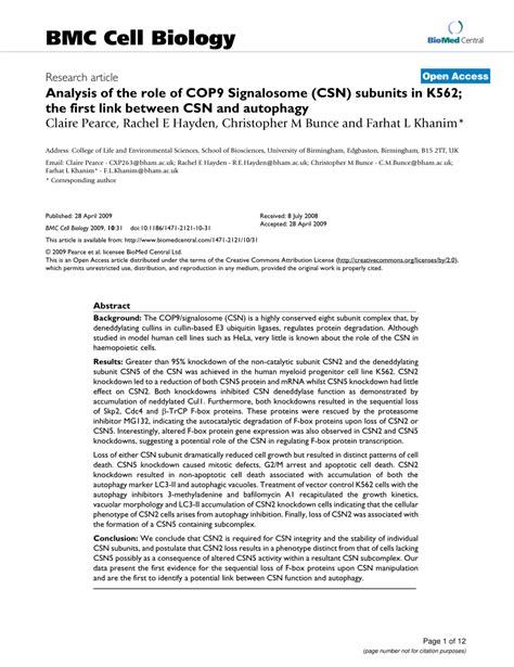 Pdf Analysis Of The Role Of Cop9 Signalosome Csn Subunits In K562 The First Link Between