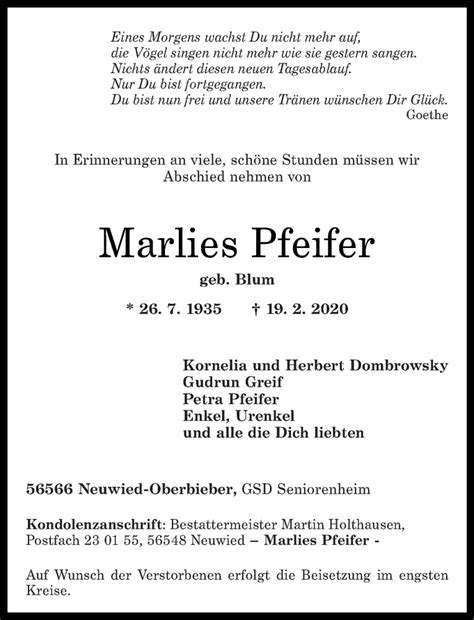 Traueranzeigen Von Marlies Pfeifer Rz Trauer De