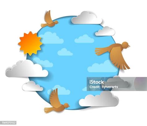 새들은 아름다운 구름과 하늘 여름 용이성과 평화로운 느낌 종이 컷 아이 스타일의 벡터 일러스트레이션에서 아름다운 구름과 태양 사이를 비행 무리 단일 이미지에 대한 스톡 벡터