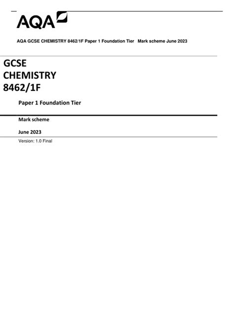 Aqa Gcse Chemistry 8462 1f Paper 1 Foundation Tier Mark Scheme June 2023 Aqa Stuvia Us