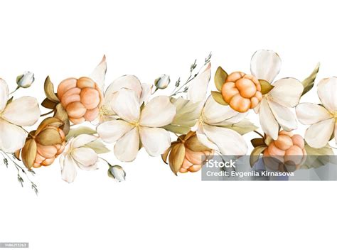 섬세하게 피는 구름 새싹 잎 및 가지와 매끄러운 수채화 테두리 수채화 손으로 그린 고립 된 수평 패턴 0명에 대한 스톡 벡터 아트 및 기타 이미지 Istock