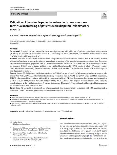 Pdf Validation Of Two Simple Patient Centered Outcome Measures For Virtual Monitoring Of