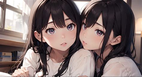 애니메이션 소녀가 긴 검은 머리와 파란 눈을 가지고 다른 소녀 옆에 앉아 있습니다 Seaart Ai