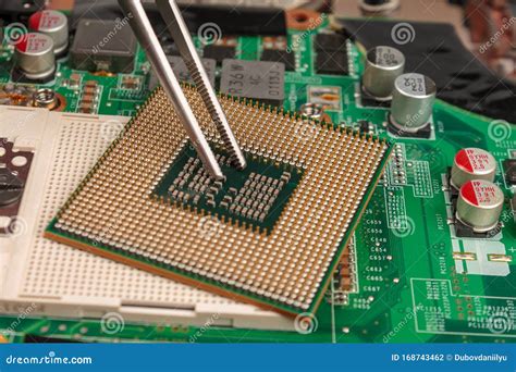Computer Cpu Close Up On The Motherboard Background Socket Of Central Process Unit Connection