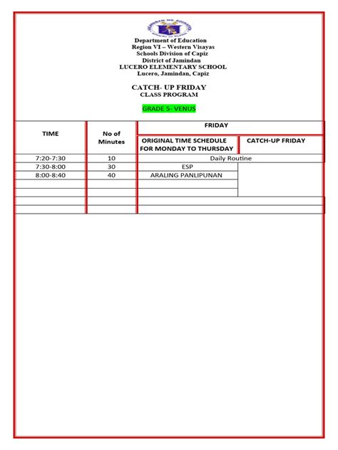 Catch Up Friday Class Program Pdf