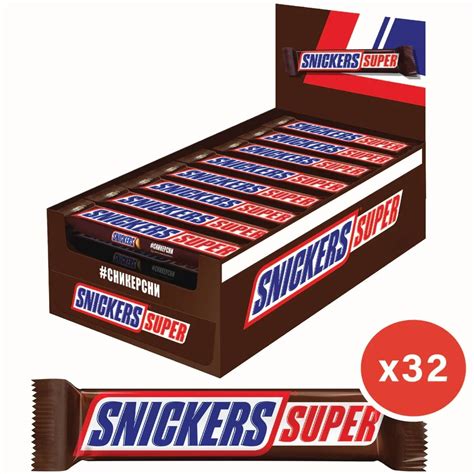 Шоколадный батончик Snickers Super, 32 шт по 80 г / Нуга, карамель ...