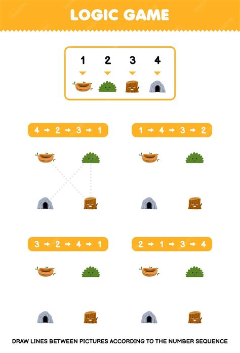 아이들을 위한 교육 게임은 귀여운 만화 둥지 덤불 나무 통나무 동굴 그림 인쇄 가능한 자연 워크시트의 번호 순서에 따라 선을 그립니다 프리미엄 벡터