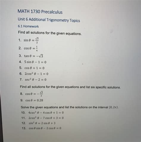 Solved Math 1730 Precalculus Unit 6 Additional Trigonometry