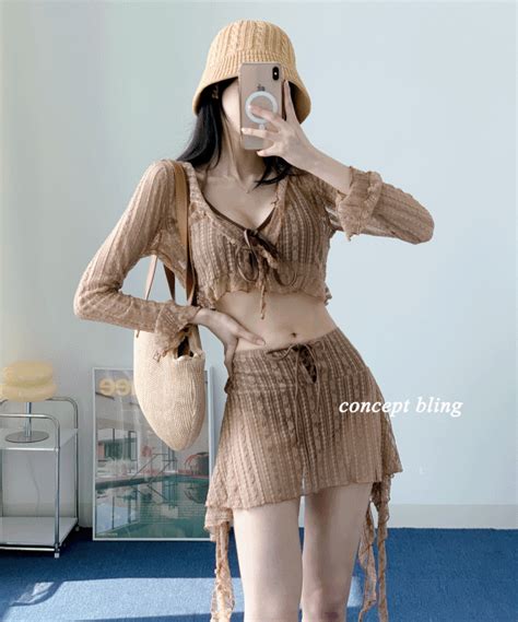 블링비키 브라운 pcs 비키니 쓰리피쓰 피스 레이스 프릴 홀터넥 뱃살커버 수영복