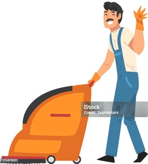 남자 청소 및 세탁기로 바닥을 연마 전문 남성 노동자 캐릭터 옷을 입고 블루 바지와 고무 장갑 청소 회사 직원 벡터 그림 가사 집안일에 대한 스톡 벡터 아트 및 기타 이미지