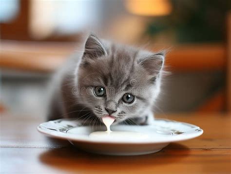 Gray Kitten Licks Milk From His Plate Stock Illustration Illustration Of Pedigree Love
