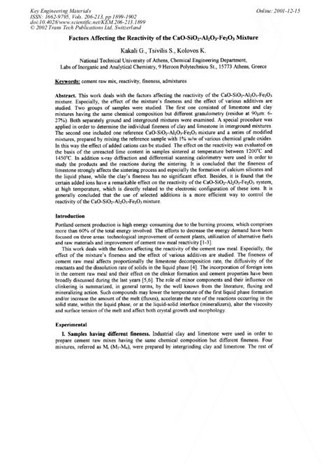 Factors Affecting The Reactivity Of The Cao Sio2 Al2o3 Fe2o3 Mixture