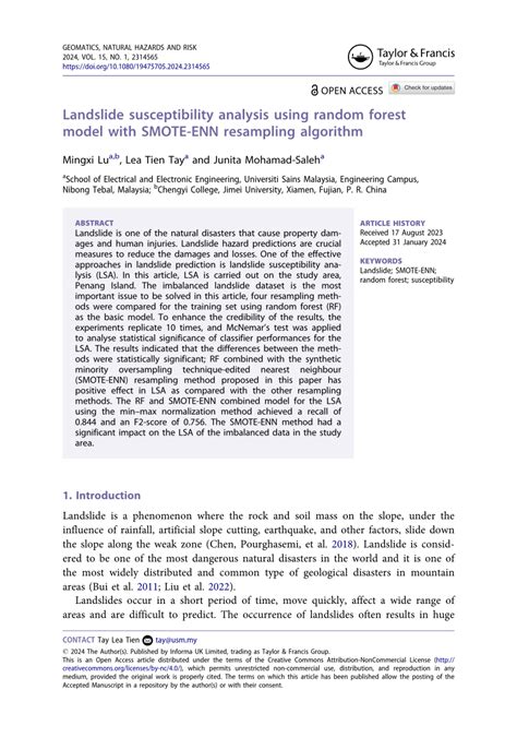 Pdf Landslide Susceptibility Analysis Using Random Forest Model With Smote Enn Resampling
