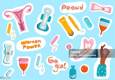 여성 스티커 컬렉션이 된 것을 자랑스럽게 생각합니다 여성 위생 트렌디 한 색상의 생리 및 기간 제품의 클립 아트 세트 소녀 전원 따옴표 탐폰 다양한 위생 패드 난소에 대한