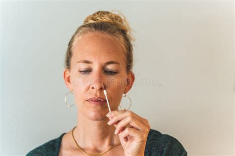 Close Shot Of Blonde Woman Performing Pcr Test Swab Stock Image Image Of Hand Copyspace
