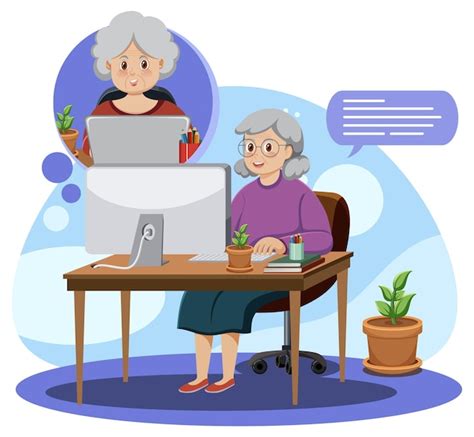 컴퓨터 앞에 앉아 수석 여자 프리미엄 벡터