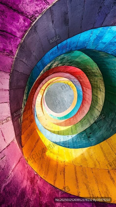 Ai创作图彩色 螺旋 建筑 结构 景观 圆环 墙面 色彩 几何 图案 空间 视 层次感 立体 线条 昵图网