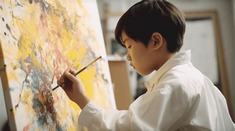 예술에 대한 그의 새로운 스튜디오에서 그림을 그리는 아시아 소년 점프 수트를 입고 유화를 그리는 젊은 학생 고화질 사진 사진