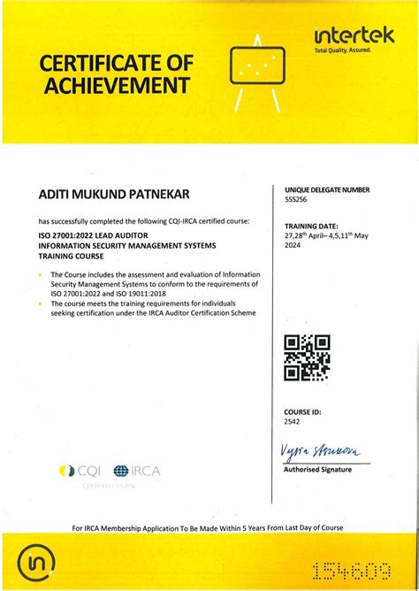 Aditi Patnekar On Linkedin Certification Iso27001 Isms Leadauditor Informationsecurity…