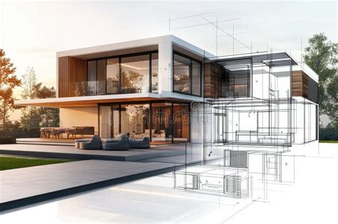 Modern House Design With Architectural Sketches Overlaying The
