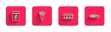 세트 라인 식물의 씨앗 당근 정원 울타리 나무 및 긴 그림자가 있는 전기톱으로 가득 찬 팩 빨간색 사각형 버튼입니다 벡터 0명에 대한 스톡 벡터 아트 및 기타 이미지