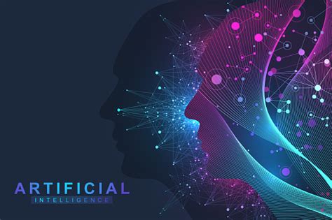 미래 인공 지능 고 개념을 학습 하는 기계입니다 인간의 큰 데이터 시각화입니다 웨이브 흐름 통신 과학적인 벡터 일러스트 레이 션입니다 사람 얼굴에 대한 스톡 벡터 아트 및