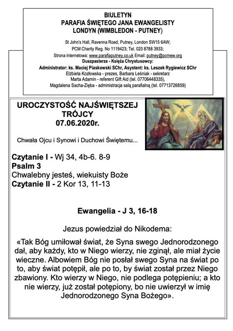 Chwała Ojcu I Synowi I Duchowi Świętemu Parafia św Jana Ewangelisty Wimbledon Putney W