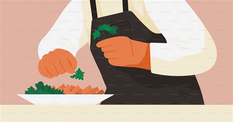 직장에서 수석 밥솥 노인 레스토랑 전문 주방에서 만화 열정적인 수석 요리 식품 산업 레스토랑 서비스 일러스트레이션 요리사는 고기와 야채로 음식 샐러드를 요리합니다