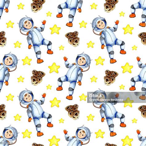 코스모스 우주 비행사 및 별의 매끄럽게 반복되는 패턴의 수채화 그림 아이들을 위한 손으로 그린 공간 배경입니다 종이 직물 및 의류에 인쇄하기위한 다채로운 디자인 격리
